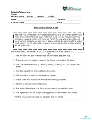 COMMAS IN LISTS - IV PERIOD. Interactive worksheet | TopWorksheets