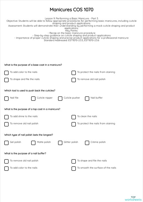 Manicures COS 1070. Interactive worksheet | TopWorksheets