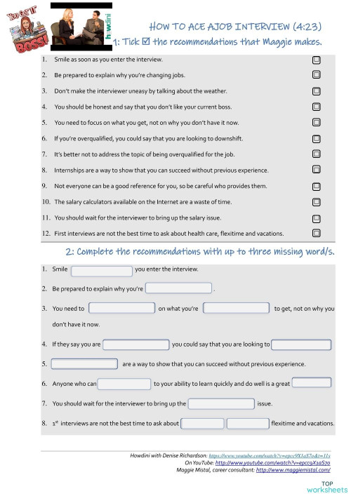 How to ace a job interview. Interactive worksheet | TopWorksheets