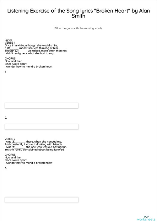 Listening Exercise of the Song lyrics "Broken Heart" by Alan Smith ...