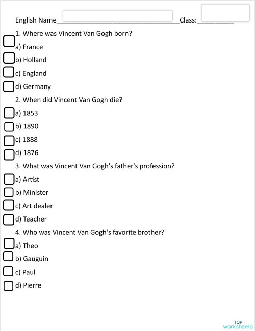Van Gogh Worksheet