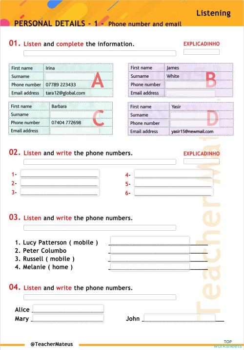 009 - PERSONAL DETAILS - 1 - Phone number e email - Listening ...