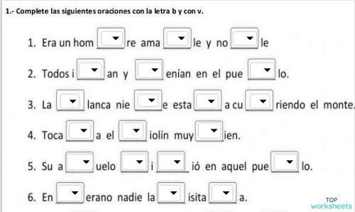 Uso de palabras con b - v. Ficha interactiva | TopWorksheets