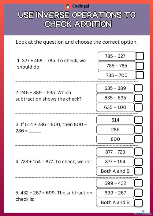 M_G03M13L27_WE01_Use_inverse_operations_to_check_addition_5. Interactive worksheet | TopWorksheets