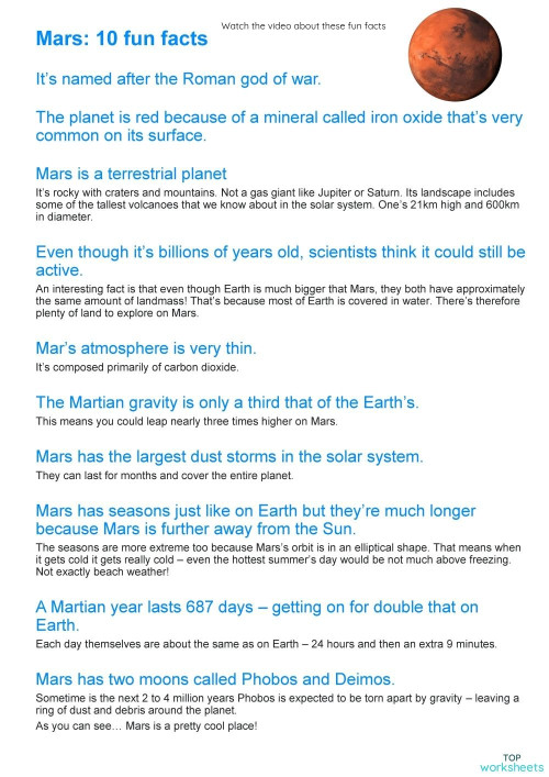Mars Extra Activities. Interactive worksheet | TopWorksheets