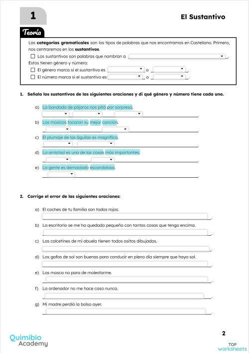 El sustantivo. Ficha interactiva | TopWorksheets