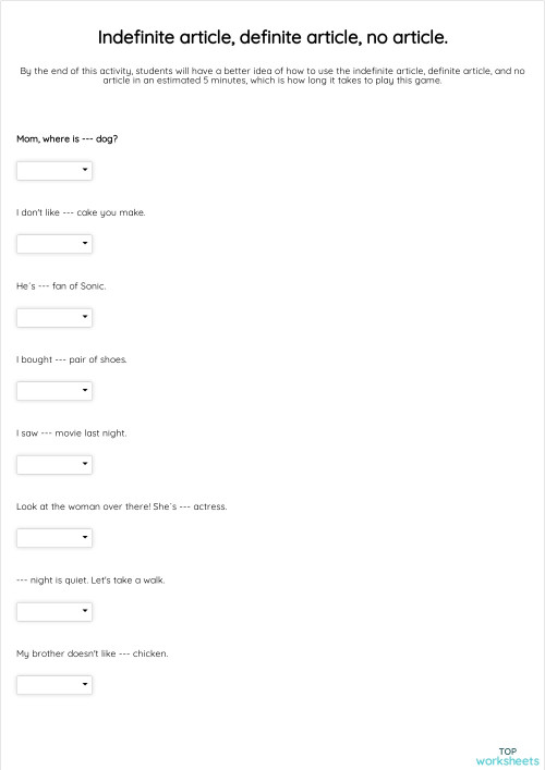 USE OF ARTICLES - INTERMEDIATE. Interactive worksheet | TopWorksheets