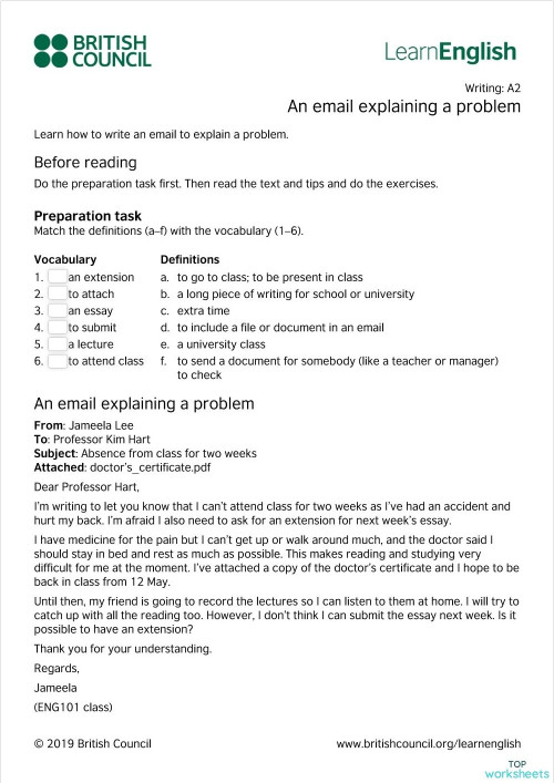 An email explaining a problem. Interactive worksheet | TopWorksheets