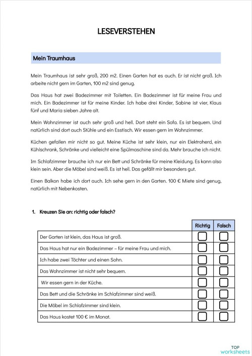 Haus - Leseverstehen. Interaktives Arbeitsblatt | TopWorksheets