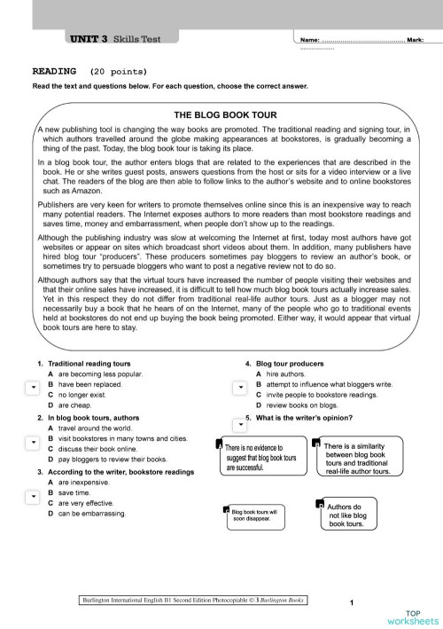 BIE B1 U3 READING: The Blog Book Tour. Interactive worksheet | TopWorksheets