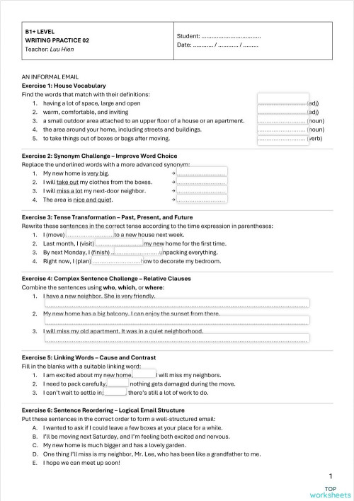 B1+ WRITING PRACTICE 02. Interactive worksheet | TopWorksheets
