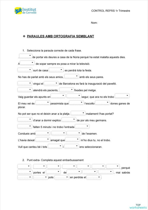 Control repàs 1rT. Fitxa interactiva | TopWorksheets