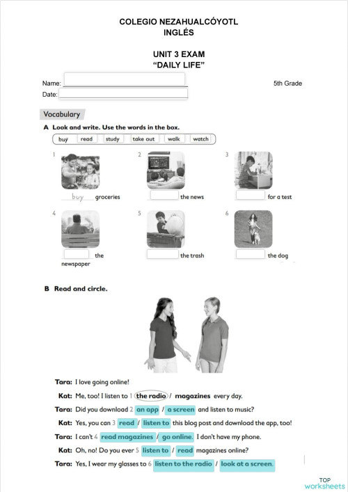 5th Grade Unit 3 Exam. Ficha interactiva | TopWorksheets