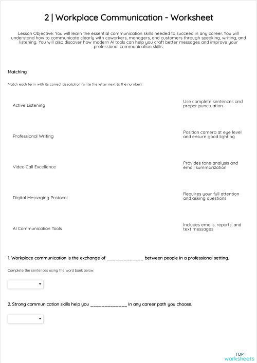 2 | Workplace Communication - Worksheet. Interactive worksheet | TopWorksheets