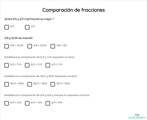 Comparación de fracciones. Ficha interactiva | TopWorksheets