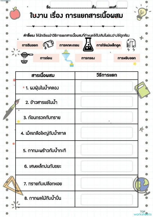 ใบงาน เรื่อง การแยกสารเนื้อผสม ใบงานเชิงโต้ตอบ Topworksheets