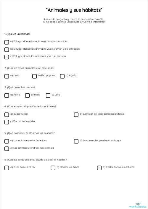 “Animales y sus hábitats”. Ficha interactiva | TopWorksheets