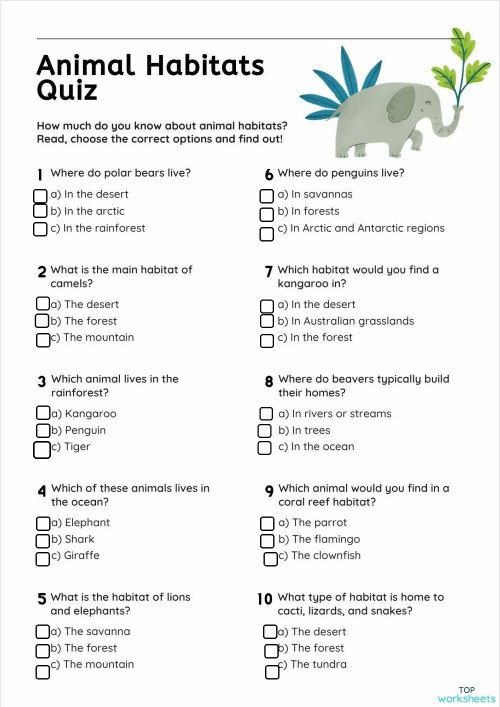 Animal Habitats Quiz. Interactive worksheet | TopWorksheets