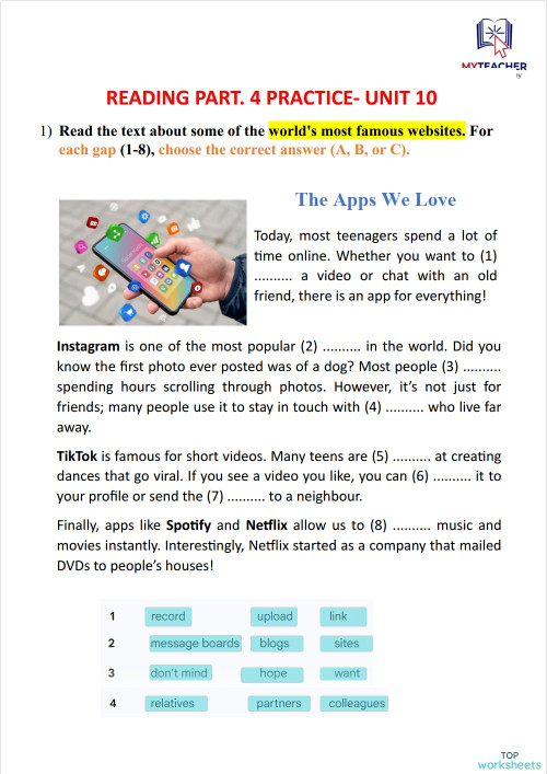 READING PART. 4 - UNIT 10. Interactive worksheet | TopWorksheets