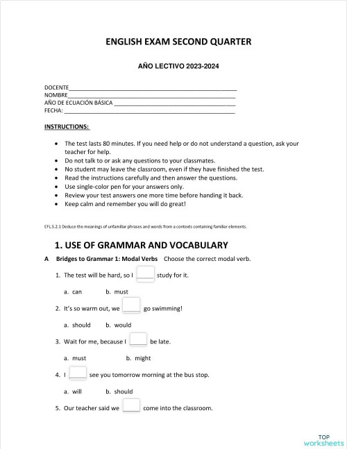 ENGLISH TEST 2ND TERM. Interactive worksheet | TopWorksheets