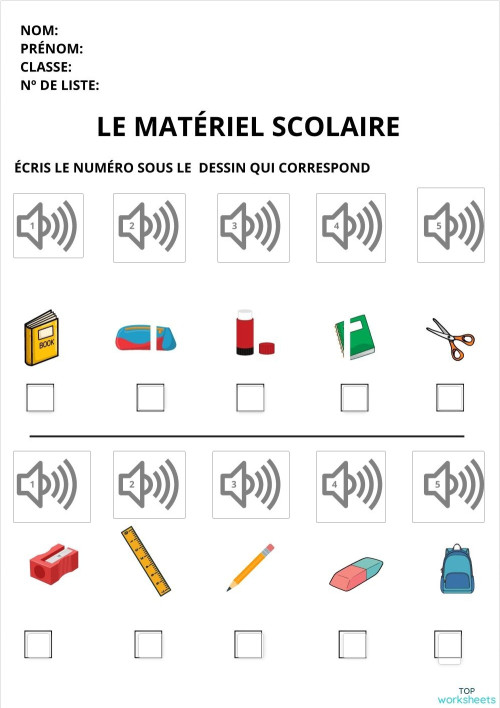 le matériel scolaire. Fiche interactive | TopWorksheets