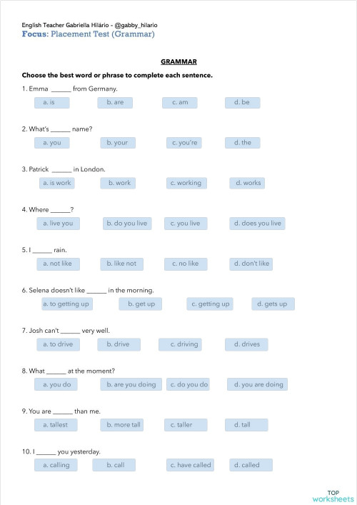Placement Test - Grammar. Interactive worksheet | TopWorksheets