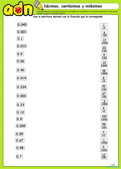 Los números decimales. Ficha interactiva | TopWorksheets
