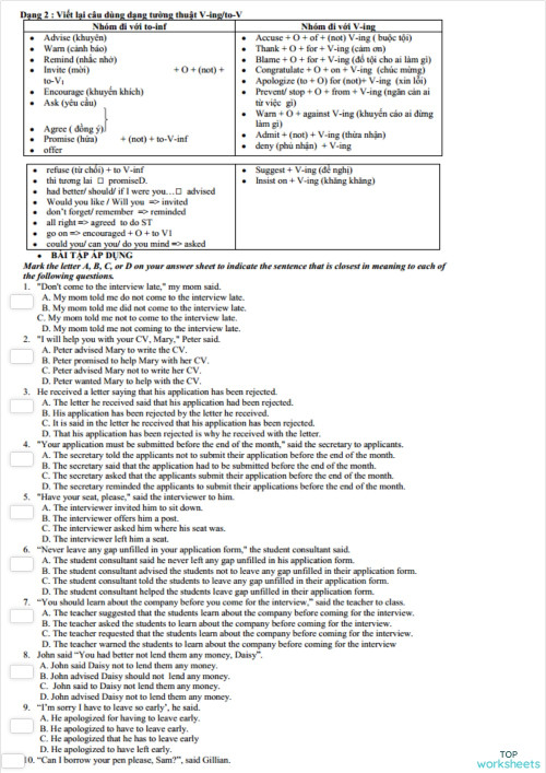 MODULE 30 : SENTENCE TRANSFORMATION - VING/ TO V. Interactive worksheet ...