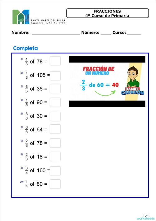 Fracción de una cantidad 00. Ficha interactiva | TopWorksheets