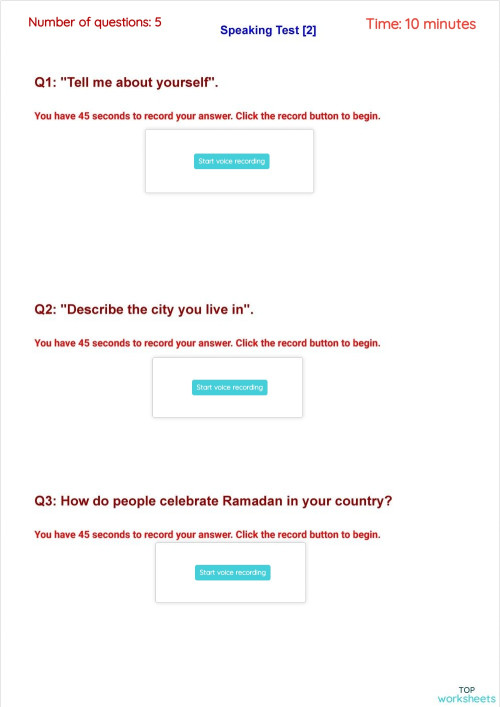 Speaking Test [2] (Copied). Interactive worksheet | TopWorksheets