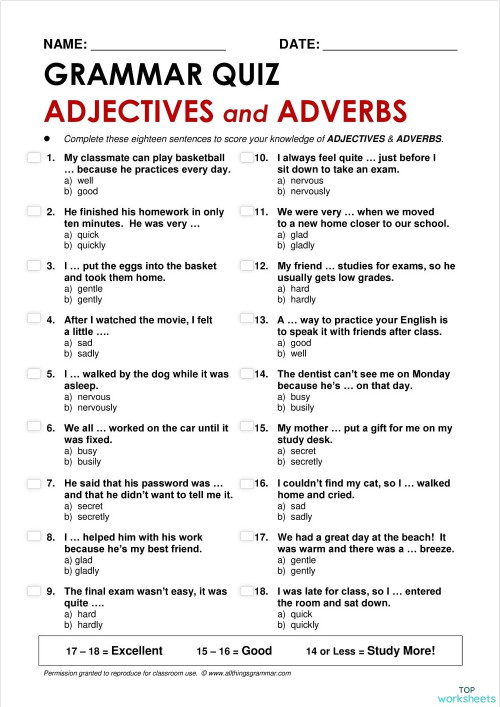QUIZ-adjectives-adverbs1. Interactive worksheet | TopWorksheets