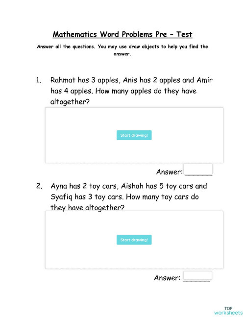 Maths Word Problems Pre-Test. Interactive worksheet | TopWorksheets