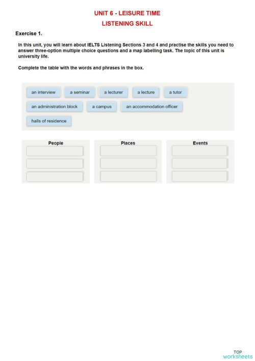Unit 6 - Listening - Leisure Time. Interactive worksheet | TopWorksheets