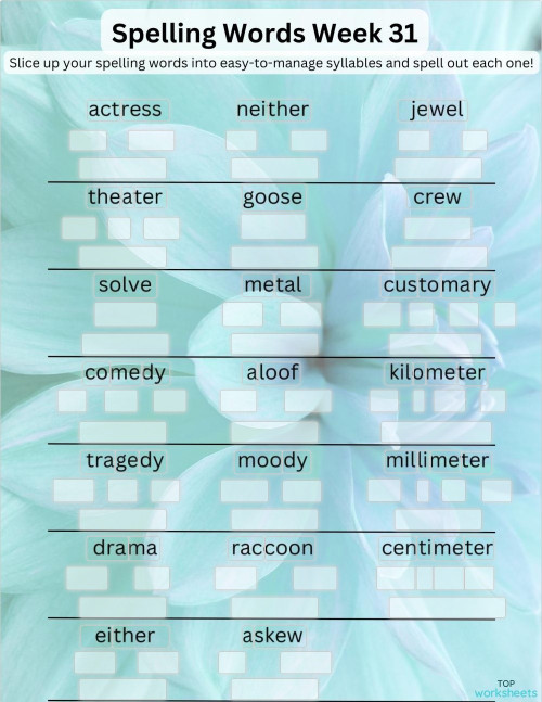 Spelling Words Week 31.3. Interactive worksheet | TopWorksheets