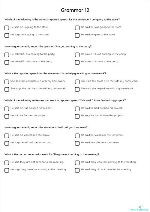 Grammar 12. Interactive worksheet | TopWorksheets