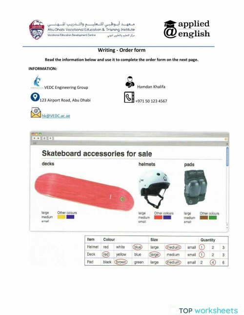 Filling in an order form. Interactive worksheet | TopWorksheets