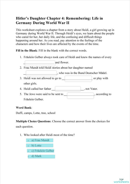 Hitler's Daughter Chapter 4 Quiz. Interactive worksheet | TopWorksheets