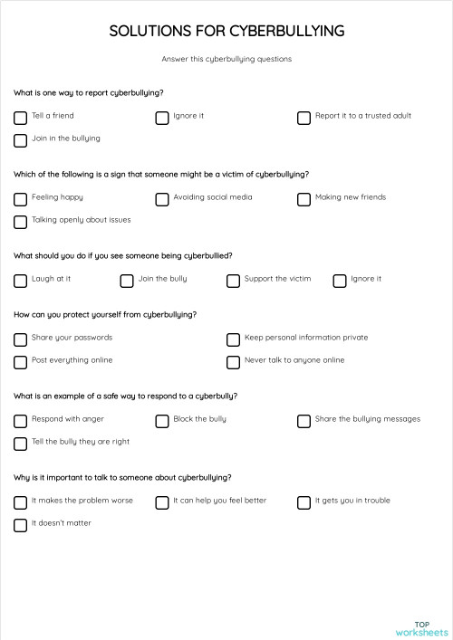 SOLUTIONS FOR CYBERBULLYING. Interactive worksheet | TopWorksheets