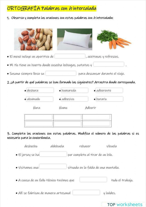 Palabras con h intercalada. Ficha interactiva | TopWorksheets