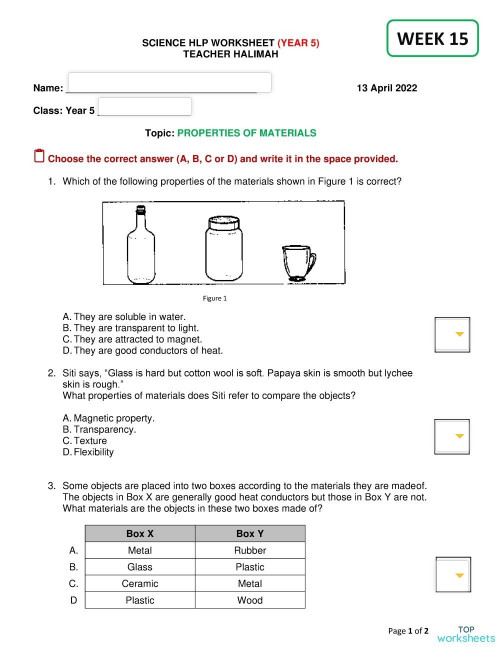 Properties of materials. Interactive worksheet | TopWorksheets