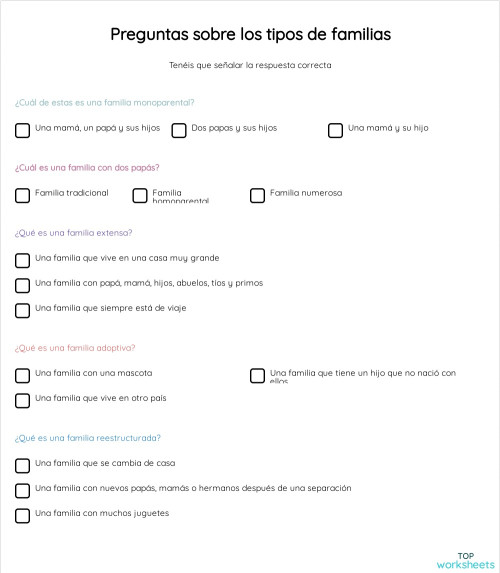 Preguntas sobre los tipos de familias. Ficha interactiva | TopWorksheets
