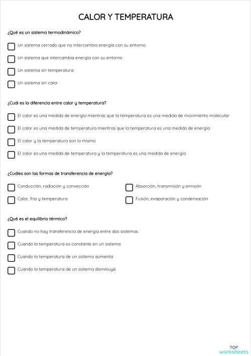 CALOR Y TEMPERATURA. Ficha interactiva | TopWorksheets