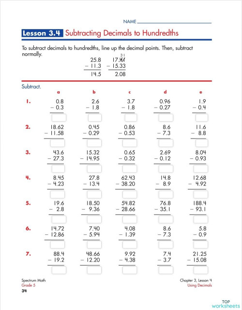 Lesson 3.4 Subtracting Decimals to Hundredths. Interactive worksheet ...