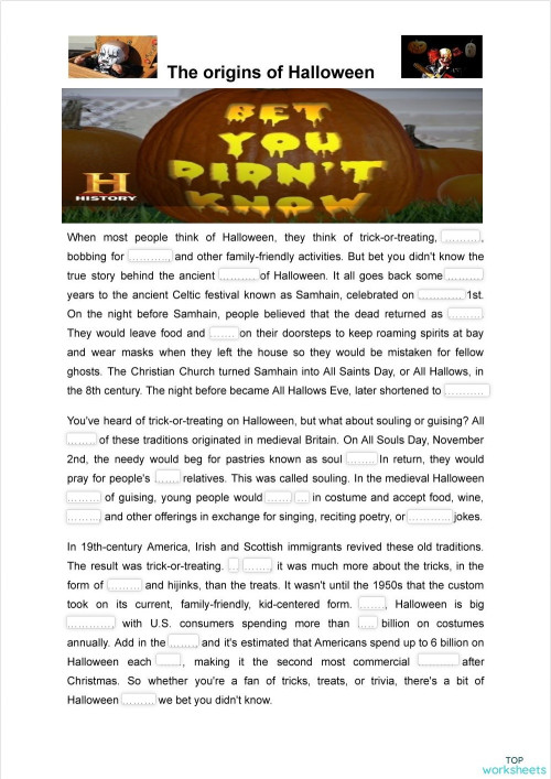 The origins of Halloween (Listening). Interactive worksheet | TopWorksheets