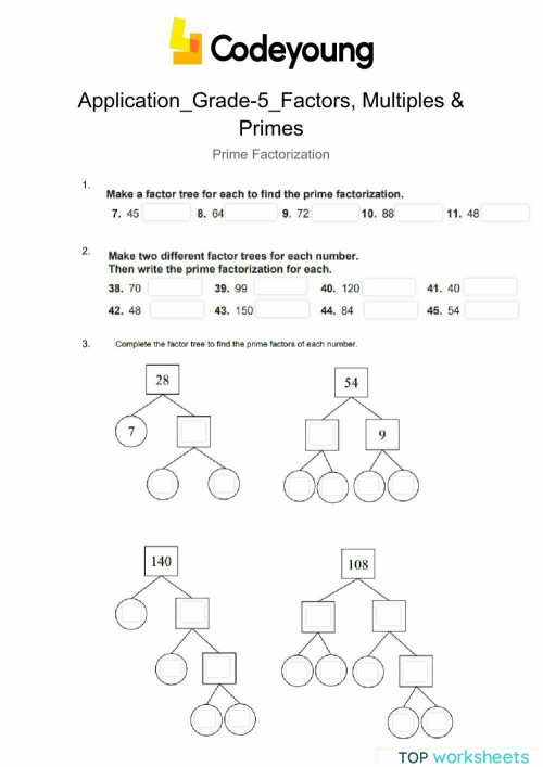 Application-CW-Prime Factorization. Interactive worksheet | TopWorksheets