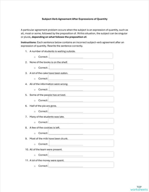 Subject verb agreement after expressions of quantity. Interactive worksheet | TopWorksheets