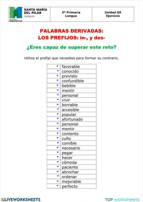 Prefijo in y des. Ficha interactiva | TopWorksheets