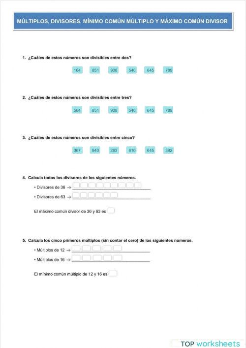 Múltiplos y divisores - MCM y MCD. Ficha interactiva | TopWorksheets