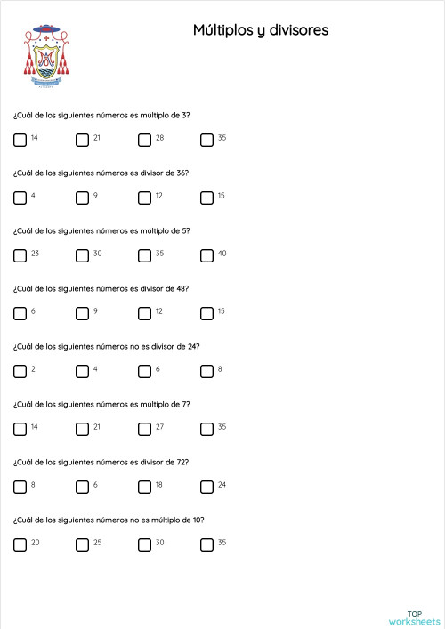 Múltiplos y divisores. Ficha interactiva | TopWorksheets