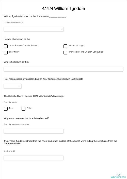 4.14.M William Tyndale. Interactive worksheet | TopWorksheets